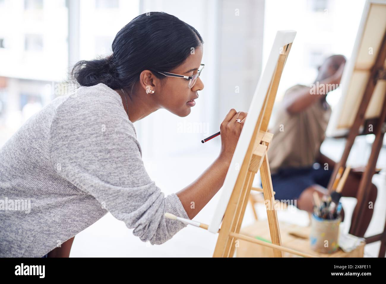 Artist, painting and canvas in studio as creative for art, inspiration ...