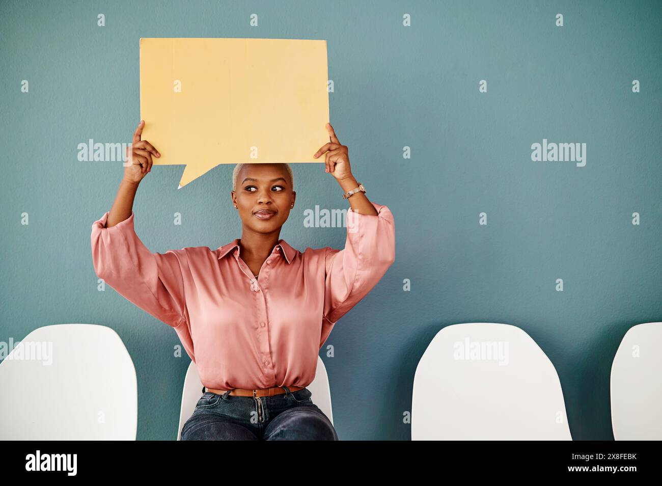 Interview, space and speech bubble with business black woman in waiting ...