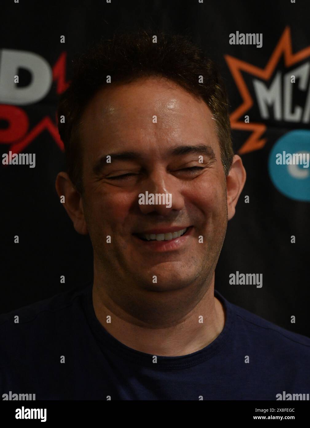 LONDON, ENGLAND - MAY 25 2024: One Piece Cast with Mike Mcfarland - buggy in the interviews room ...