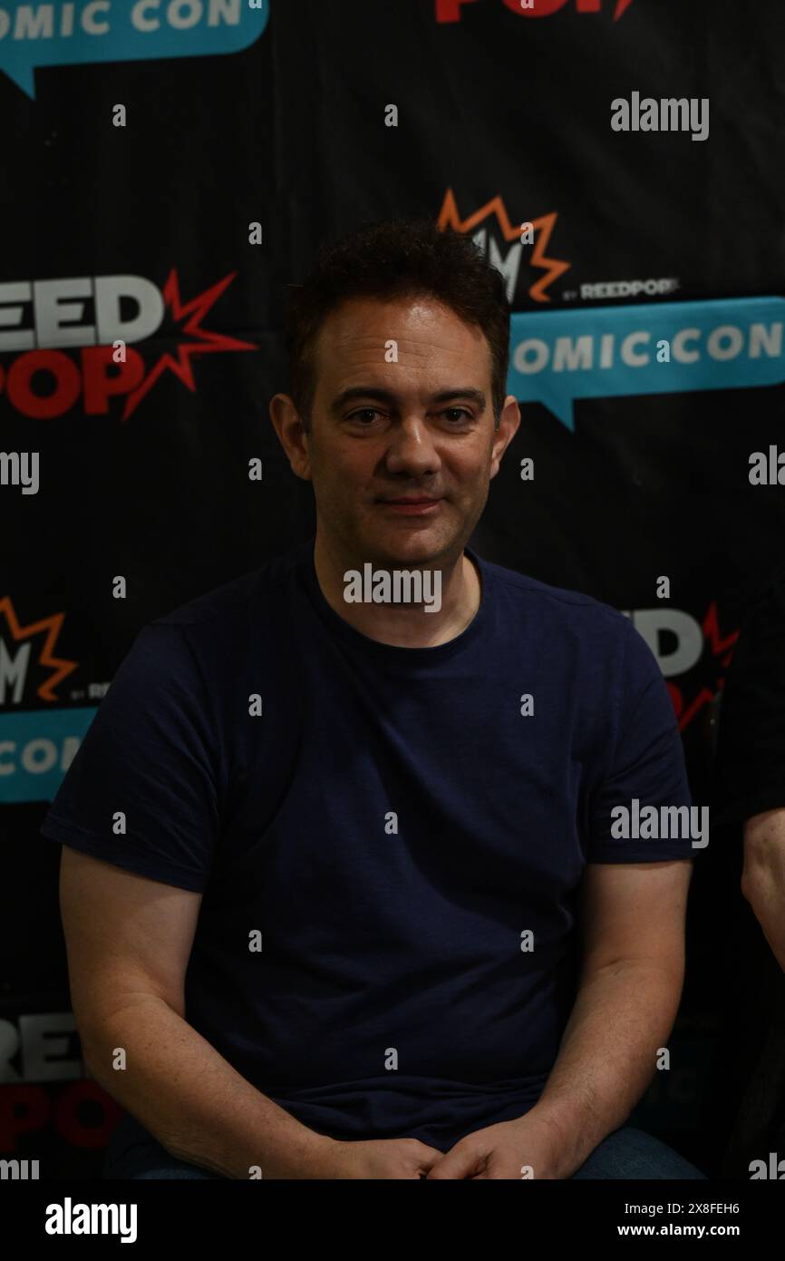 LONDON, ENGLAND - MAY 25 2024: One Piece Cast with Mike Mcfarland - buggy in the interviews room ...