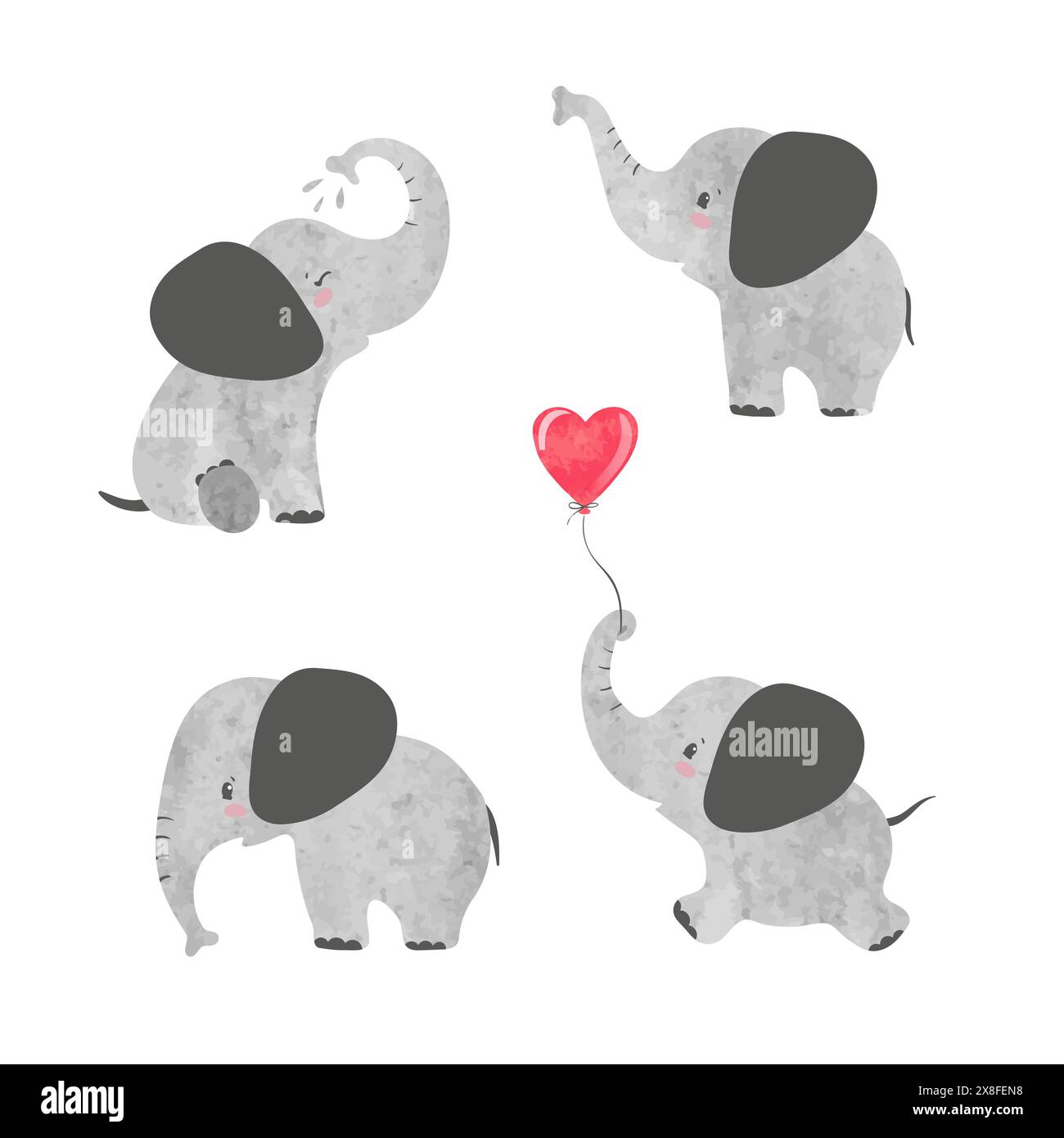 Set of cute cartoon baby elephants. Vector childish watercolor ...