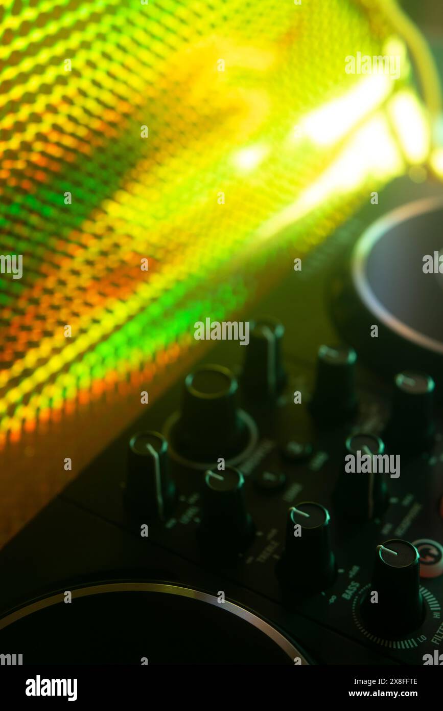 Dj turntables in nightclub electronic music house disco party lights ...