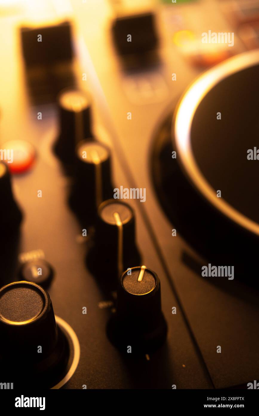 Dj turntables in nightclub electronic music house disco party lights ...