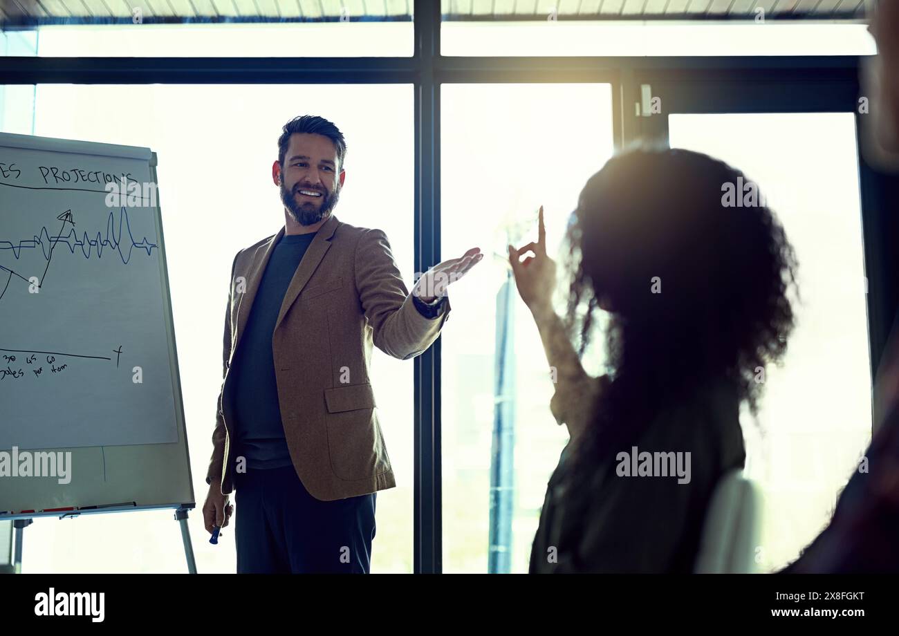 Business man, presentation and question with meeting chart, mentor and ...