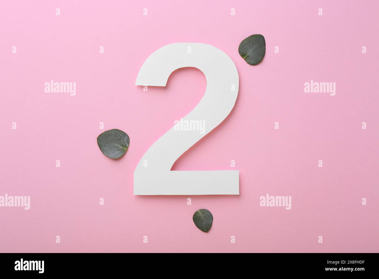 Paper number 2 and eucalyptus leaves on pink background, flat lay Stock ...