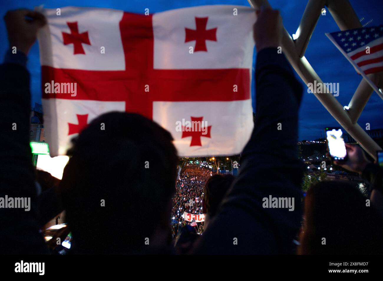 May 24th 2024, Tbilisi, Georgia. A Georgian flag is waved from the ...