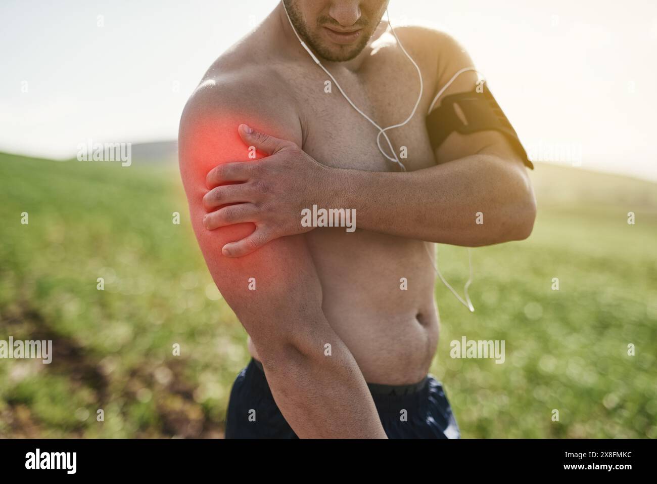 Nature, man and shoulder pain with injury, accident or muscle tension ...