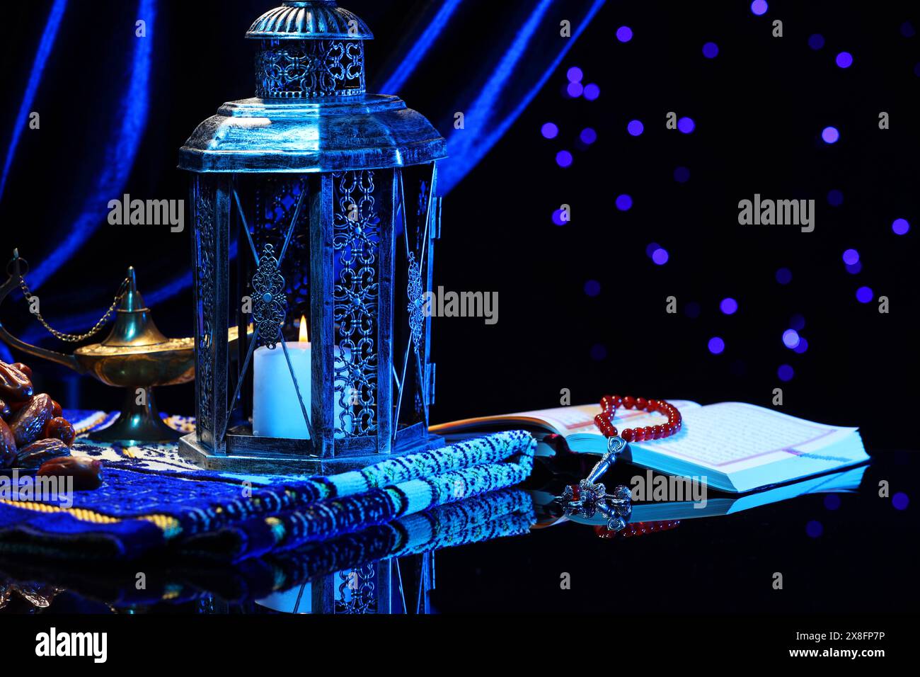 Arabic lantern, Quran, misbaha, Aladdin magic lamp, dates and folded ...
