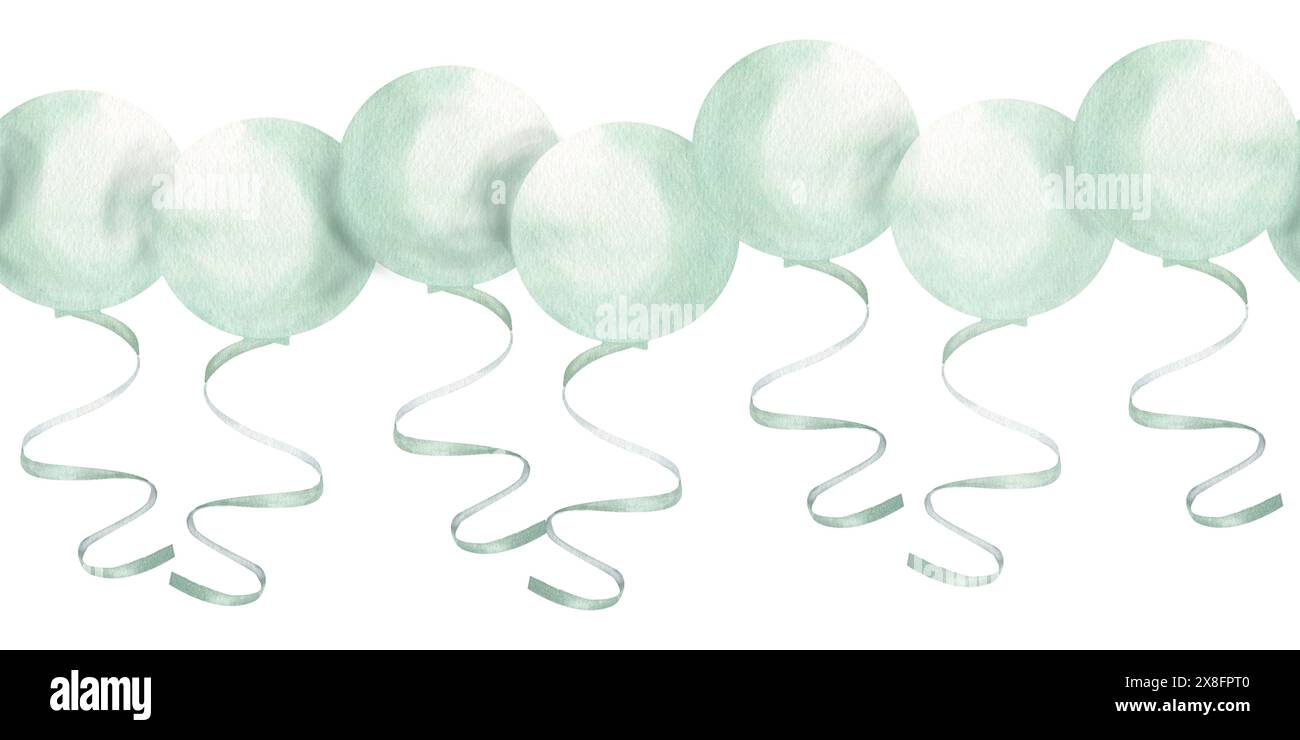 Birthday balloons in pastel mint color seamless border. Hand drawn ...