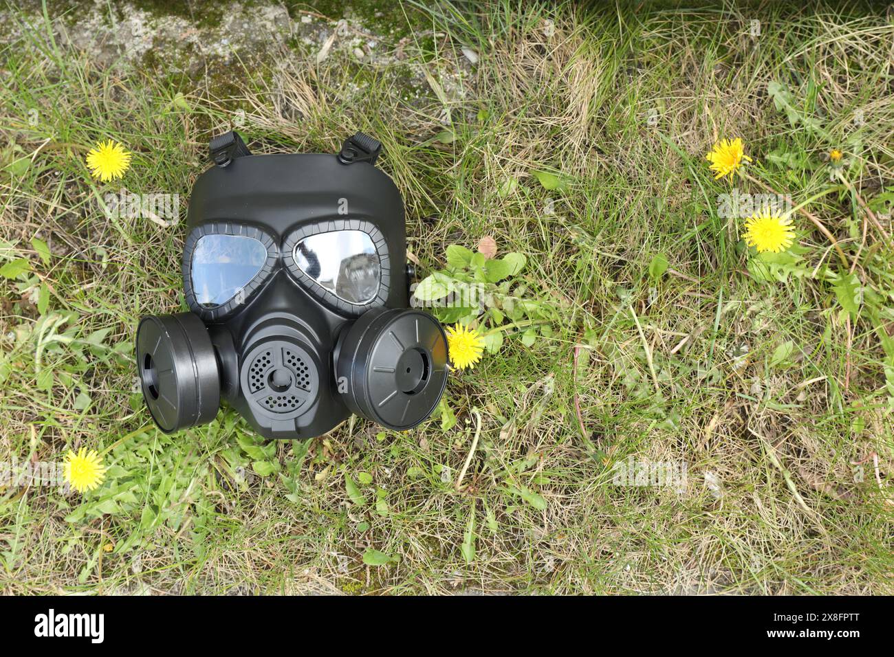One gas mask on green grass outdoors, top view. Space for text Stock ...