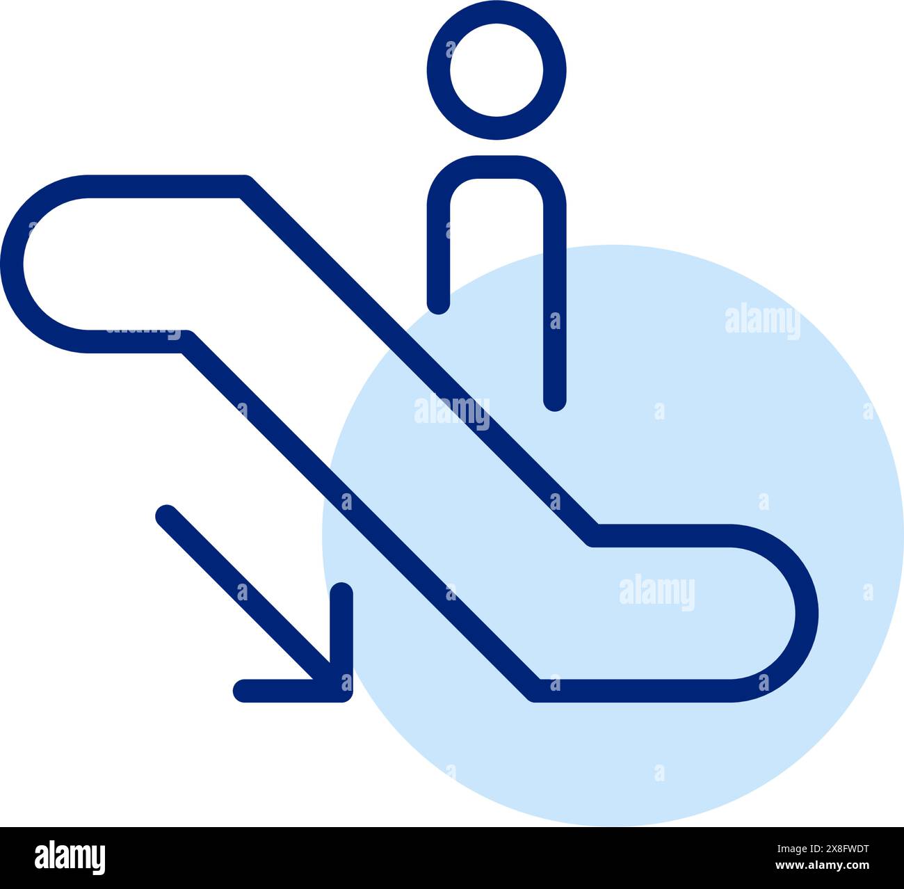 Person standing on escalator going down. Vertical moving stairs. Pixel ...