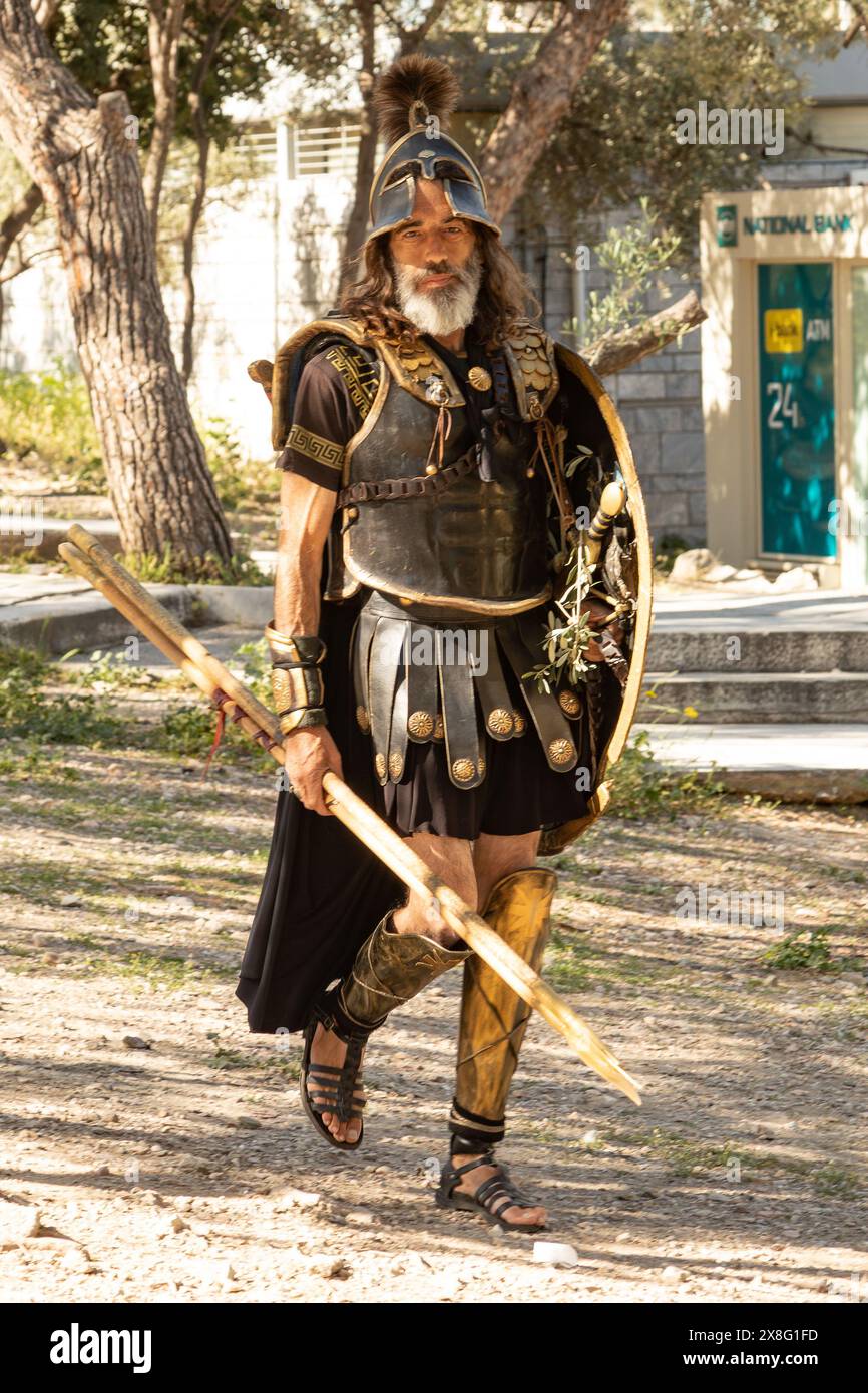 Actor dressed as an ancient greek warrior , Athens, Greece, Europe ...
