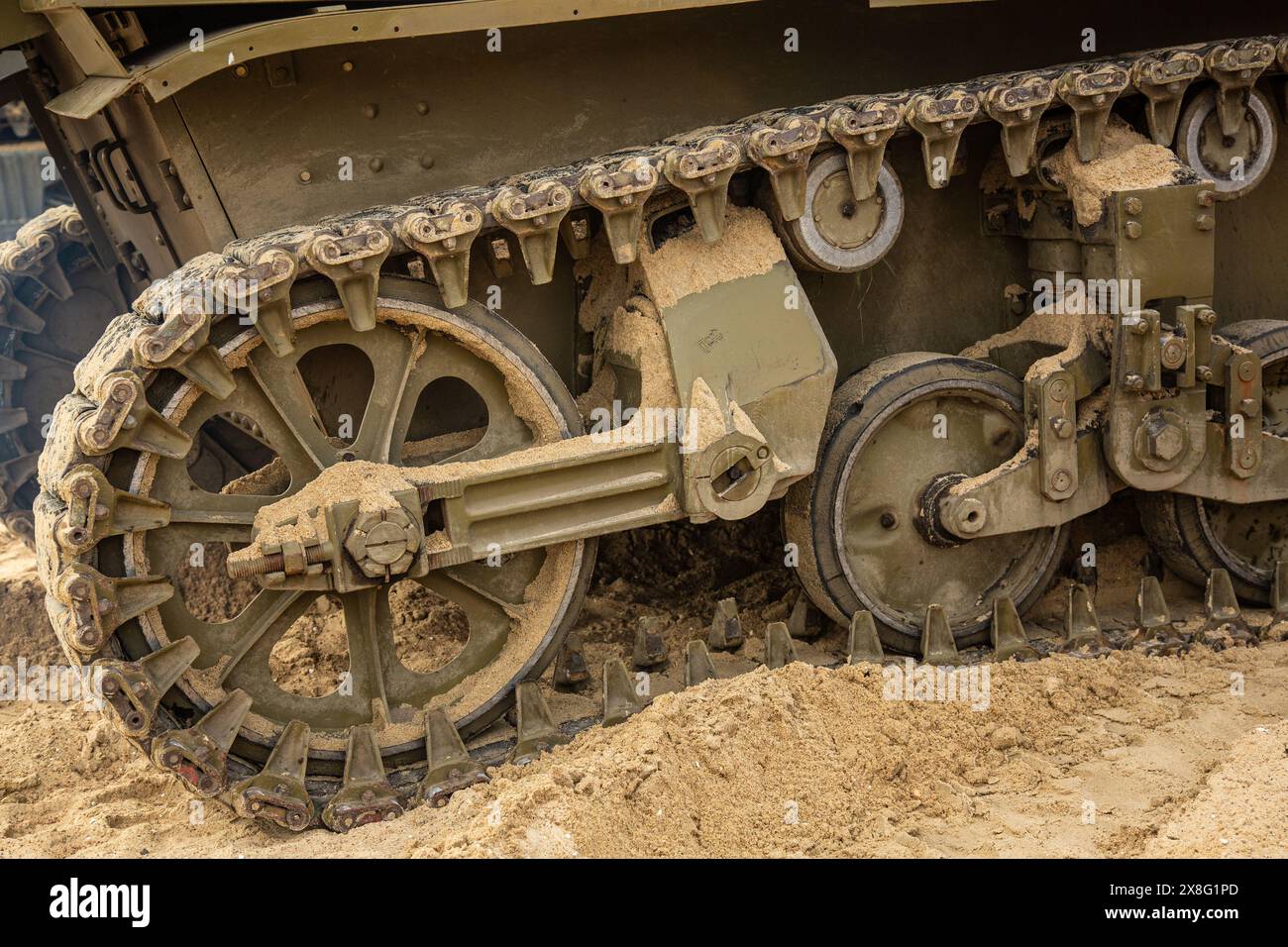Detail of an American tank from World War II. Close-up. A tank track as ...