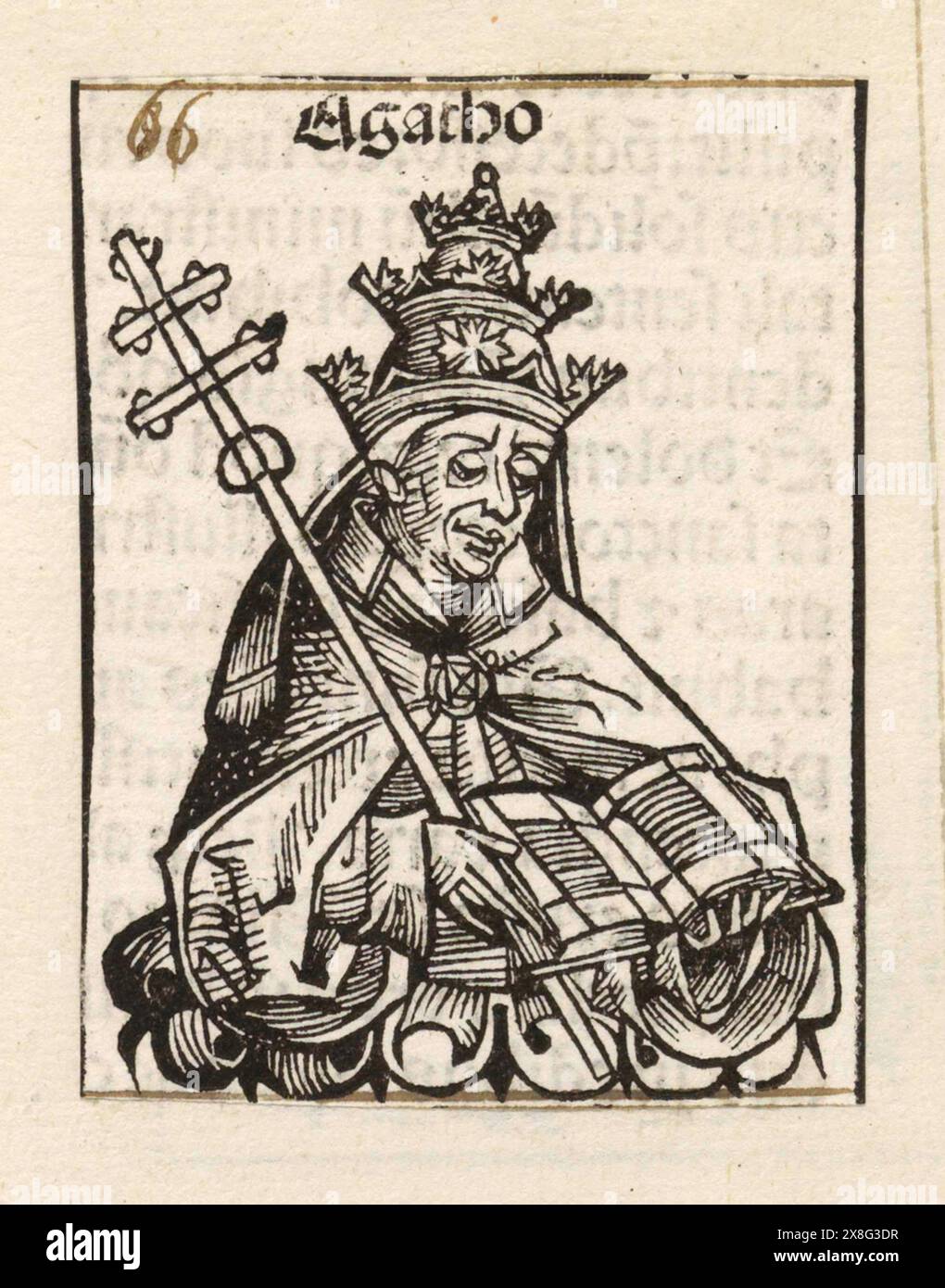 A 1493 engraving of Pope Agatho who was pontiff from AD678 to AD681. He ...