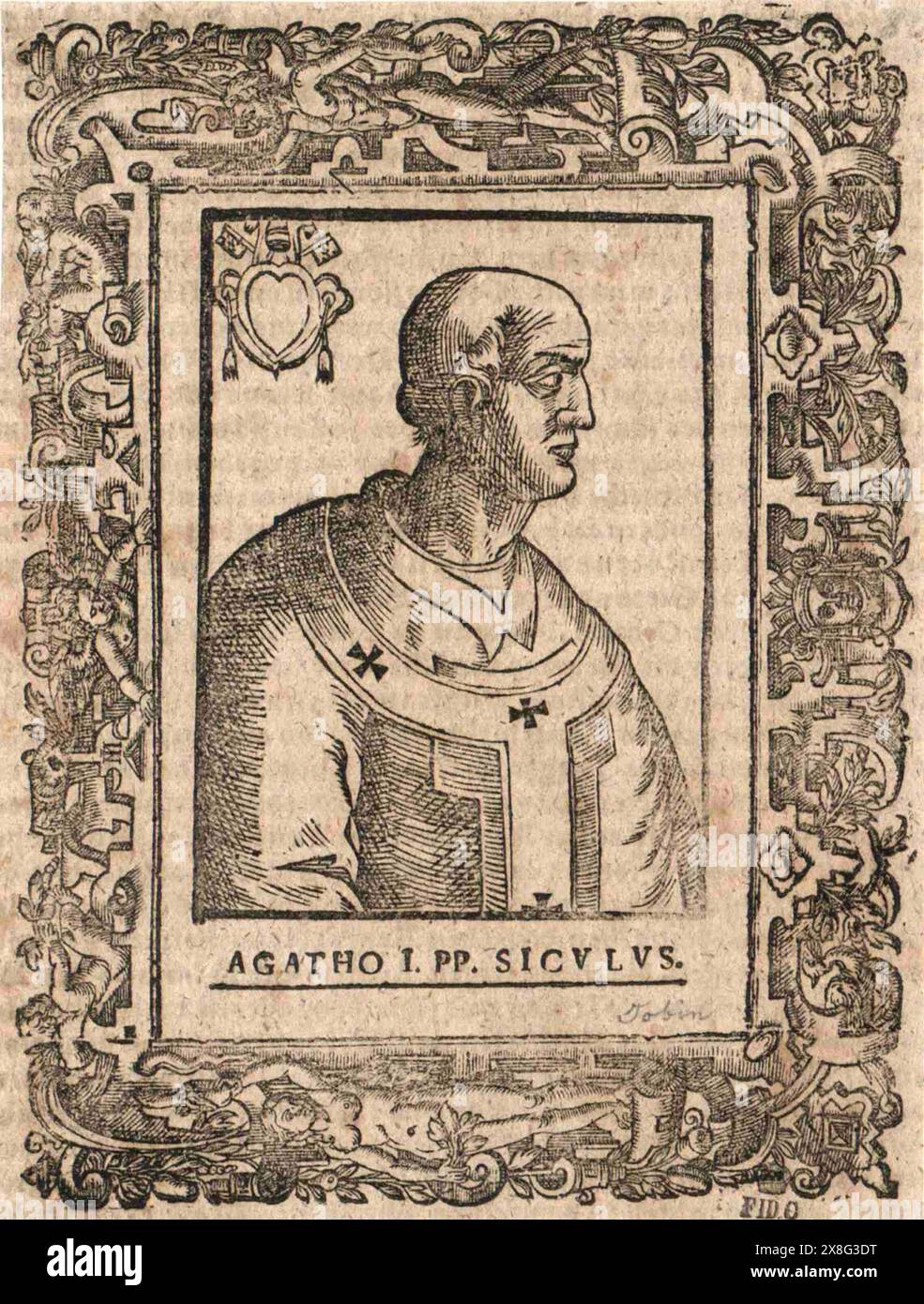 A 17th century engraving of Pope Agatho who was pontiff from AD678 to ...