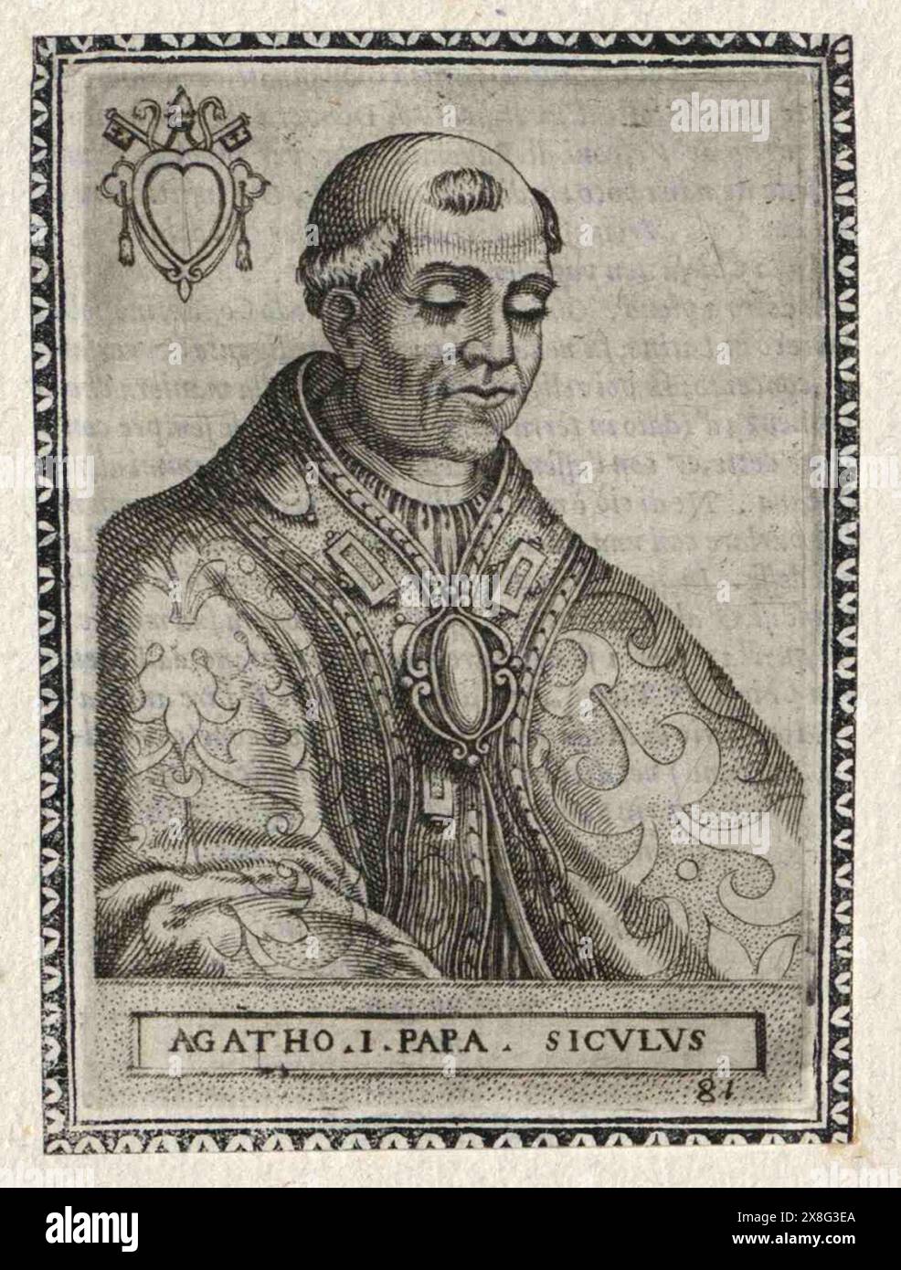 A 17th century engraving of Pope Agatho who was pontiff from AD678 to ...