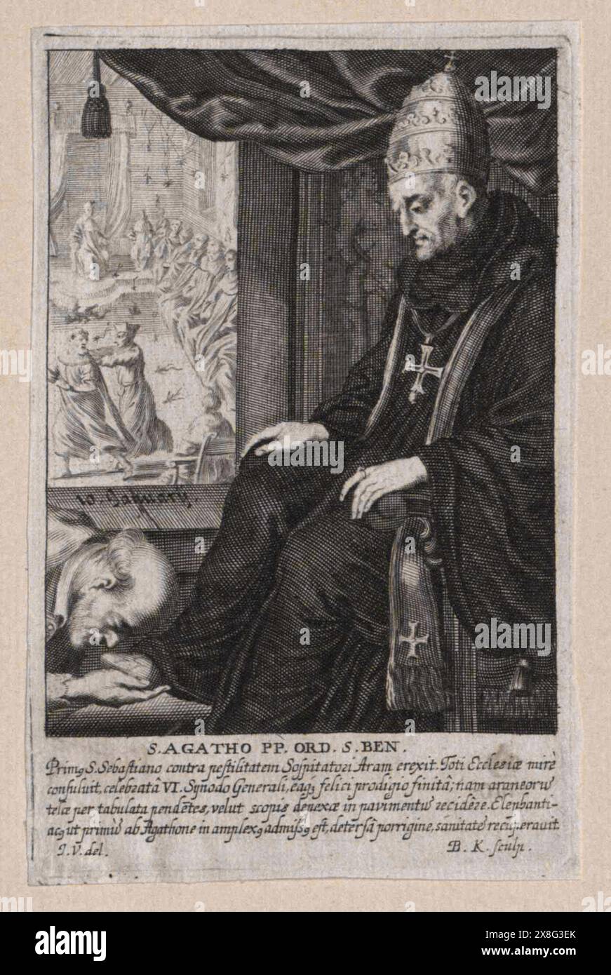 A 17th century engraving of Pope Agatho who was pontiff from AD678 to ...