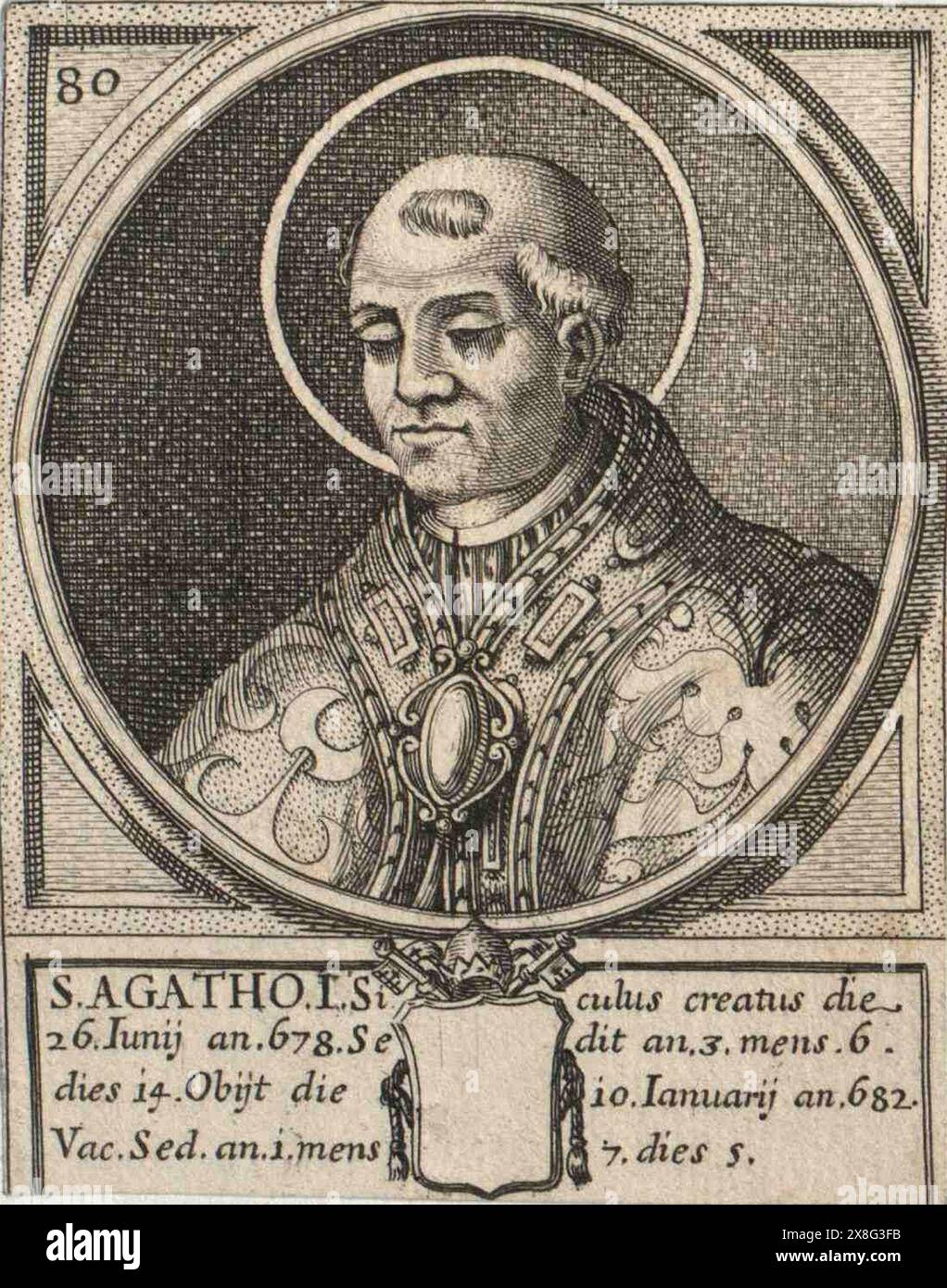 A 17th century engraving of Pope Agatho who was pontiff from AD678 to ...