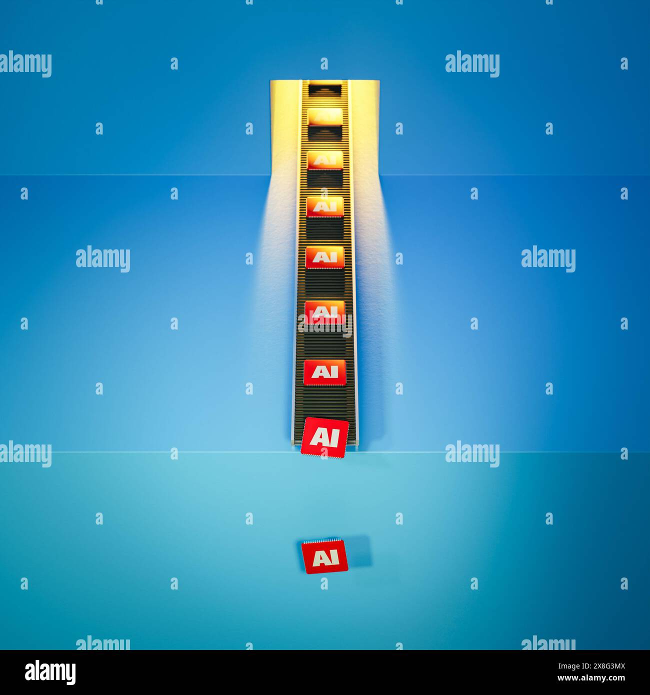 AI chip hype concept, GPU. Red microchips with AI printed on falling ...