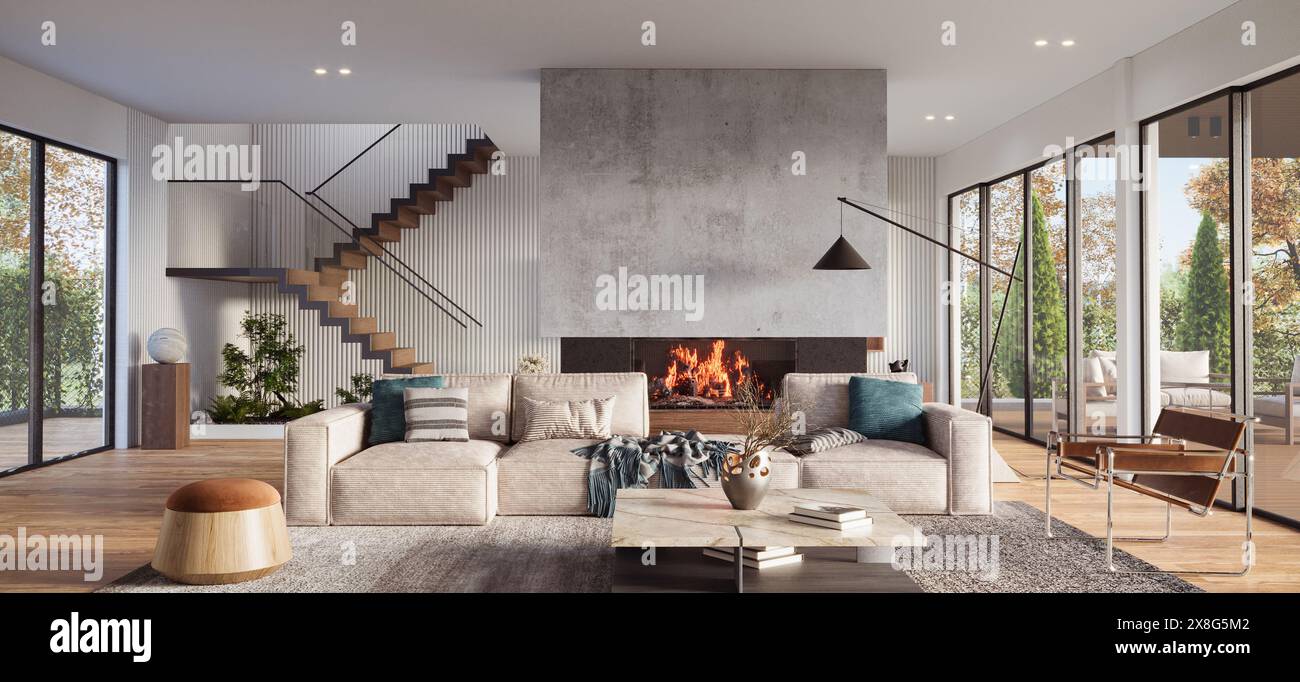 Cozy living room interior with large windows, staircase, fireplace and ...