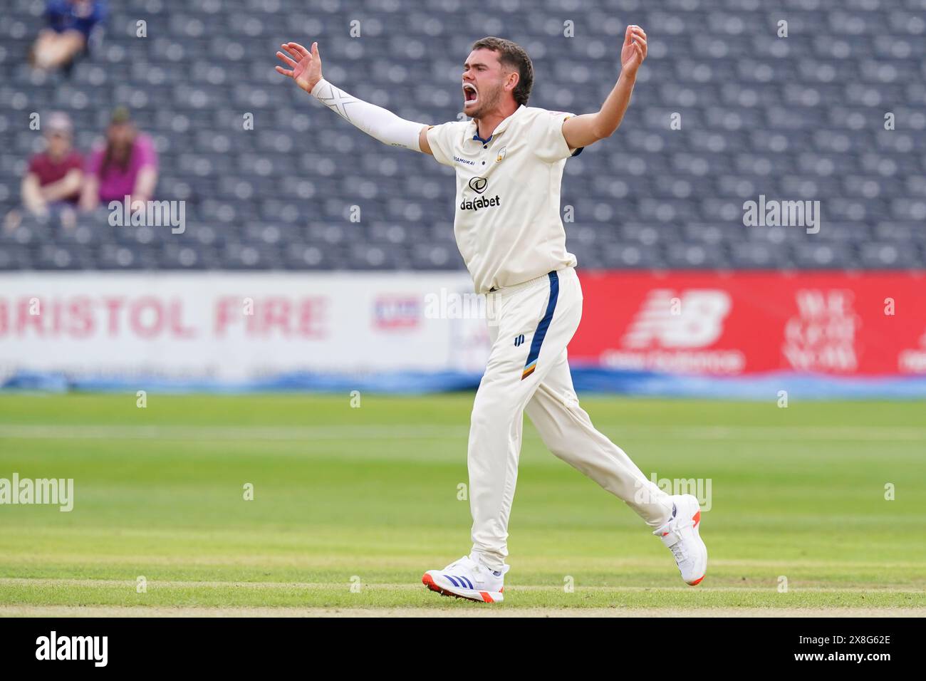 Bristol, UK, 25 May 2024. Derbyshire's Sam Conners appeals for an LBW ...