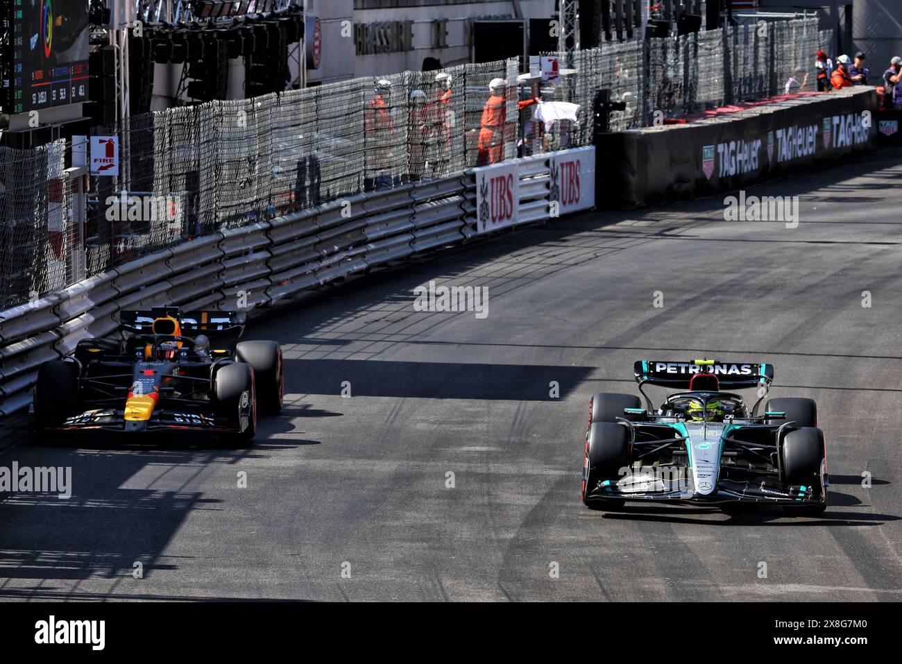 Monaco, Monte Carlo. 25th May, 2024. Lewis Hamilton (GBR) Mercedes AMG F1 W15 and Max Verstappen ...
