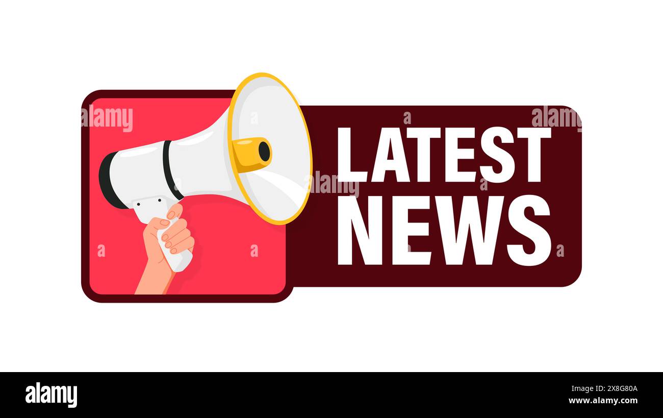 Latest news. Hand hold megaphone speaker for announce. Attention please ...
