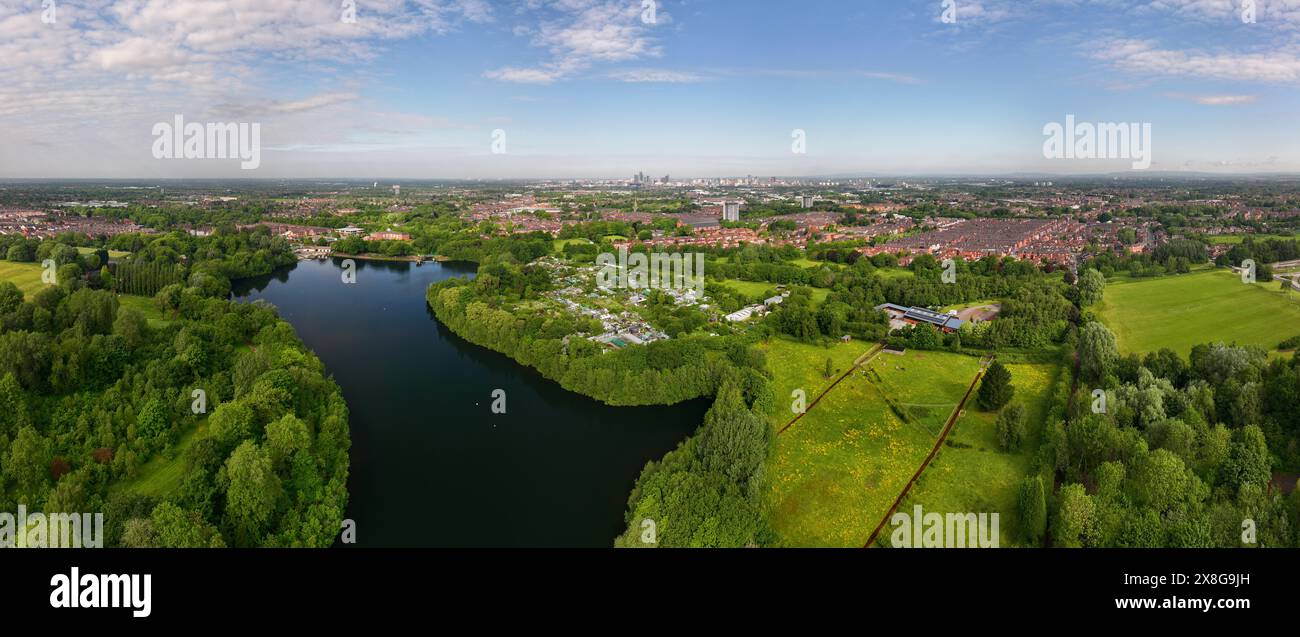Panoramic aerial image of Gorton Reservoirs with Manchester skyline on ...