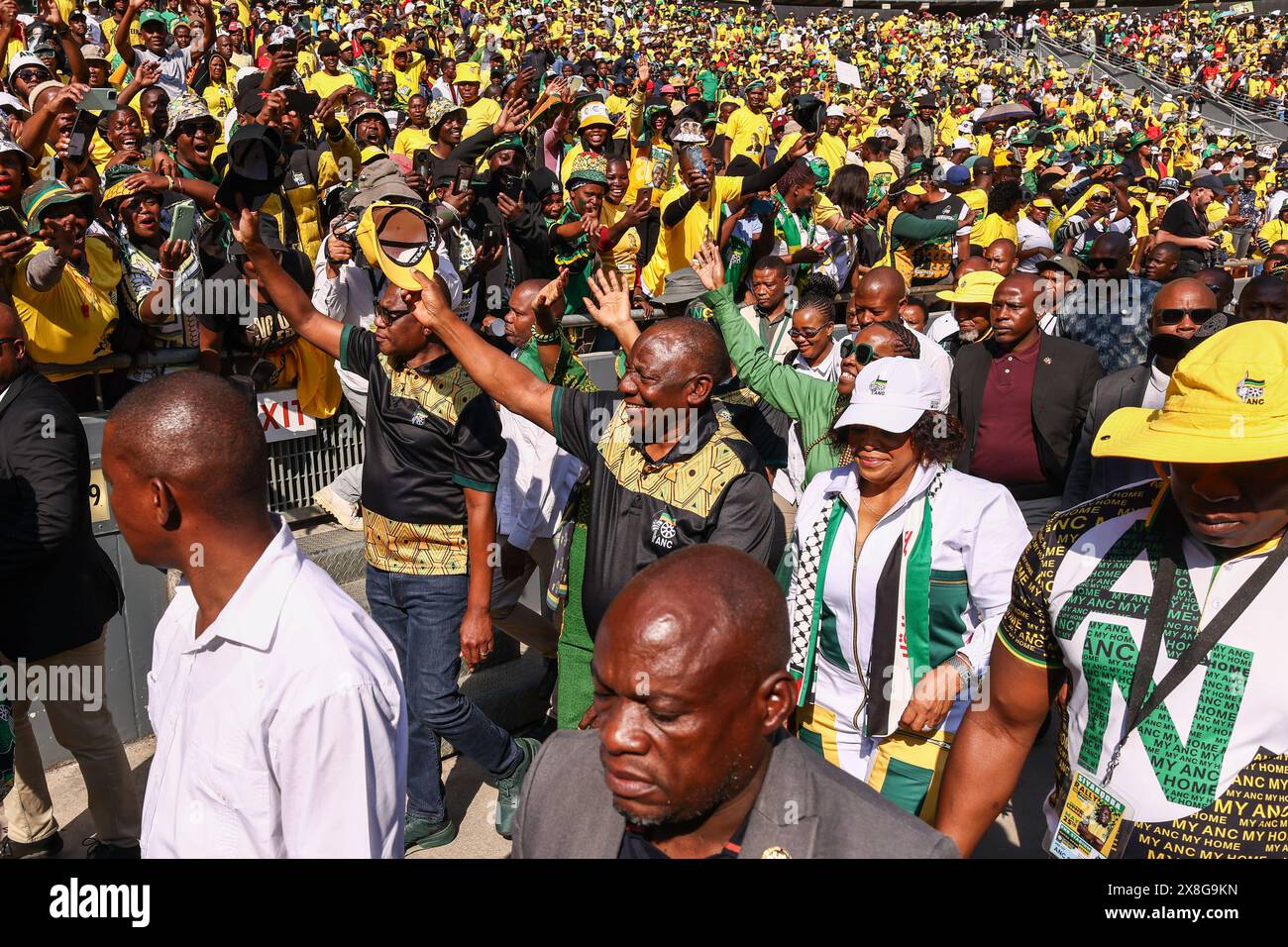 President Cyril Ramaphosa greets the crowd at FNB stadium during the ...