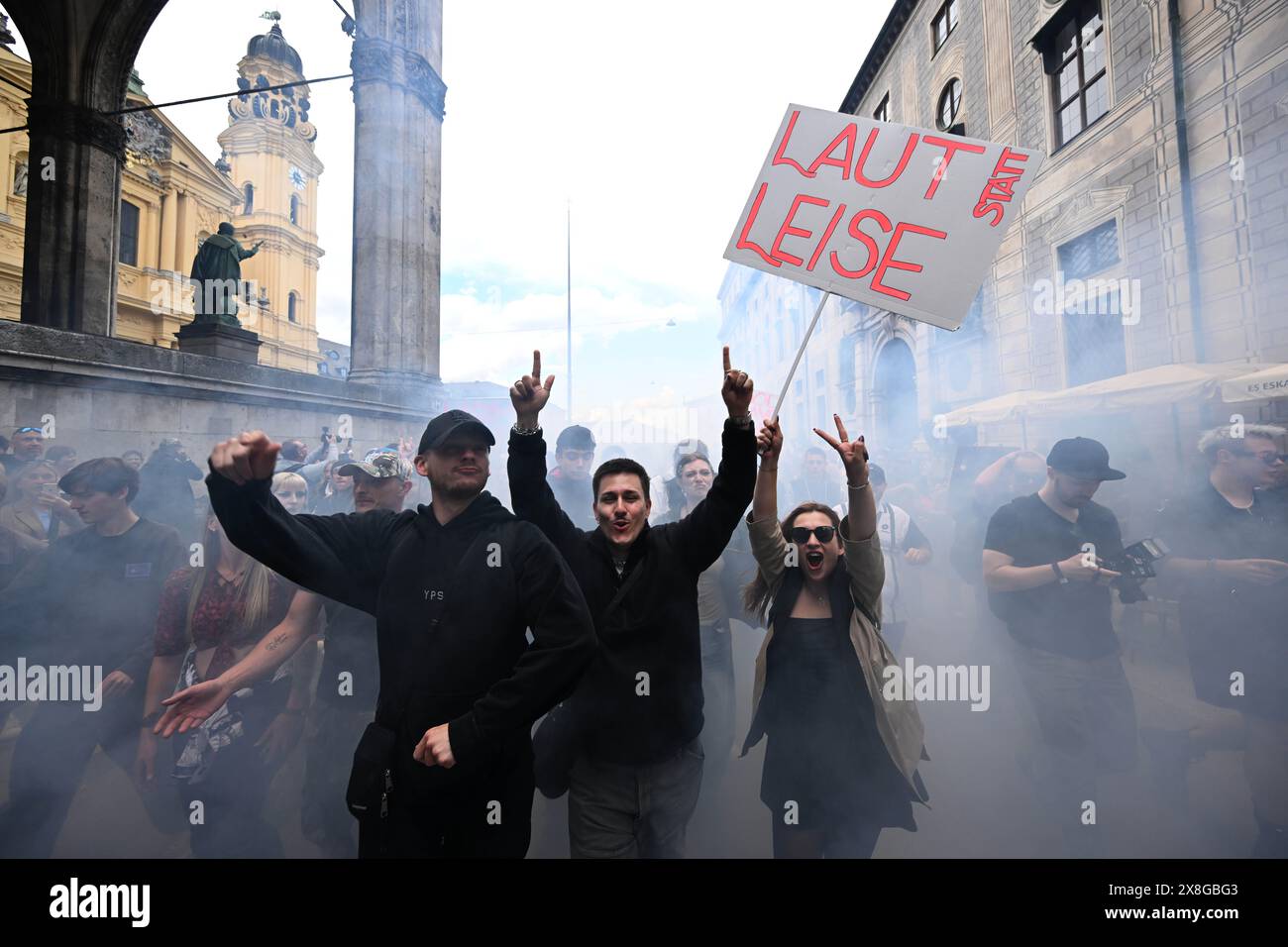 Munich, Germany. 25th May, 2024. Protesters carrying a sign reading ...