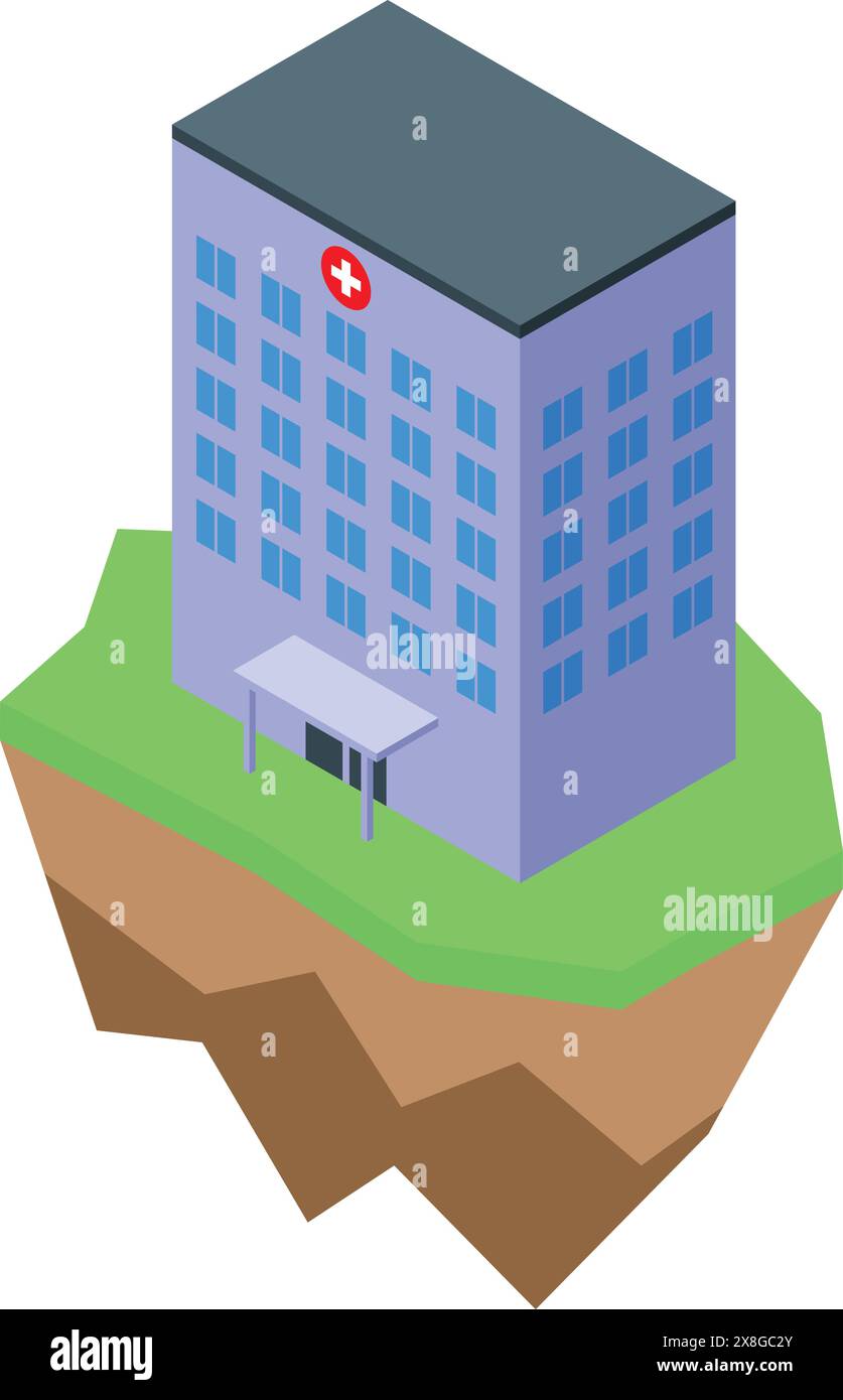 Digital illustration of a 3d isometric hospital on a floating piece of ...