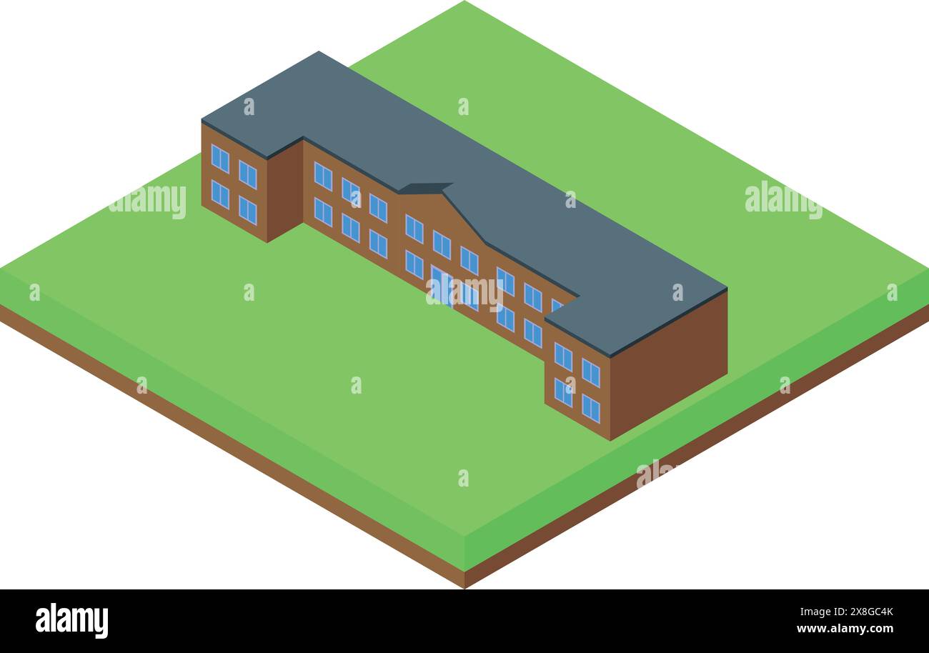 Colorful isometric illustration of a modern school building on a green ...