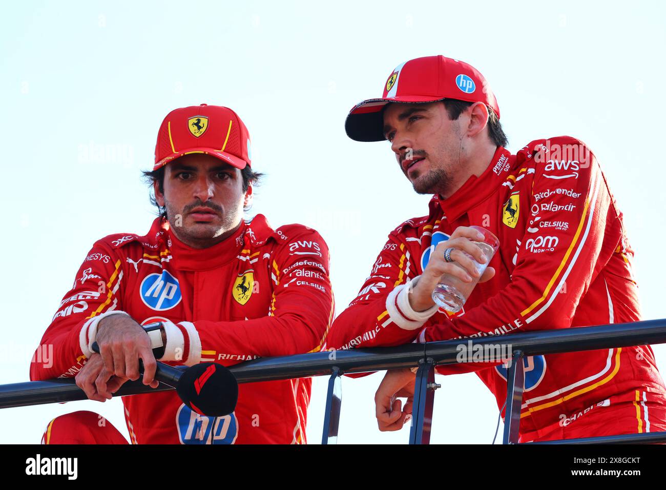 Monte Carlo, Monaco. 25th May, 2024. (L to R): Third placed Carlos Sainz Jr (ESP) Ferrari with ...