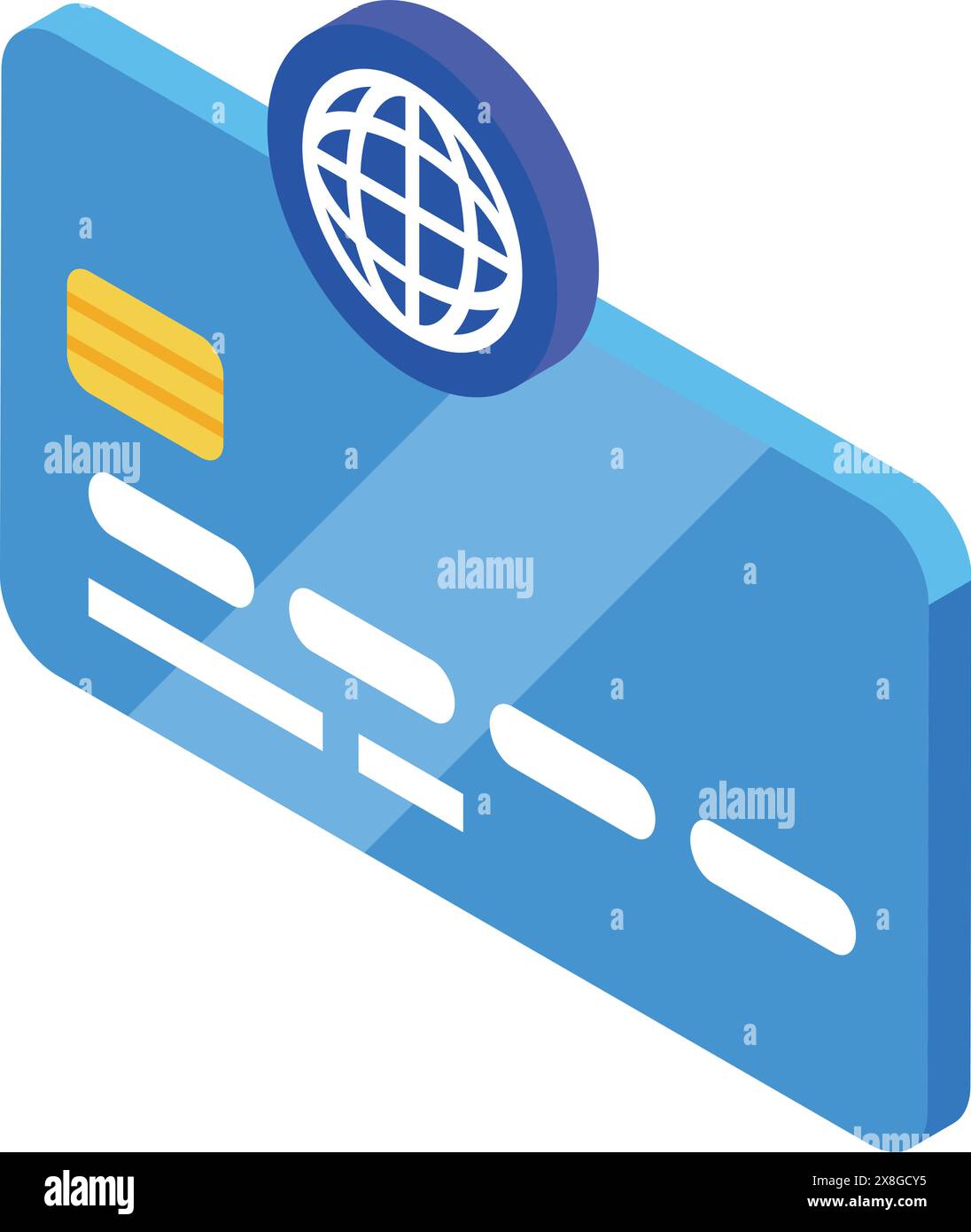 Colorful and modern isometric credit card illustration with secure chip for global online ...