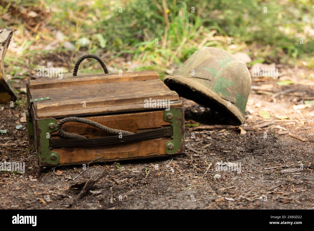Close up. Old wooden German military ammunition box on the ground. In ...
