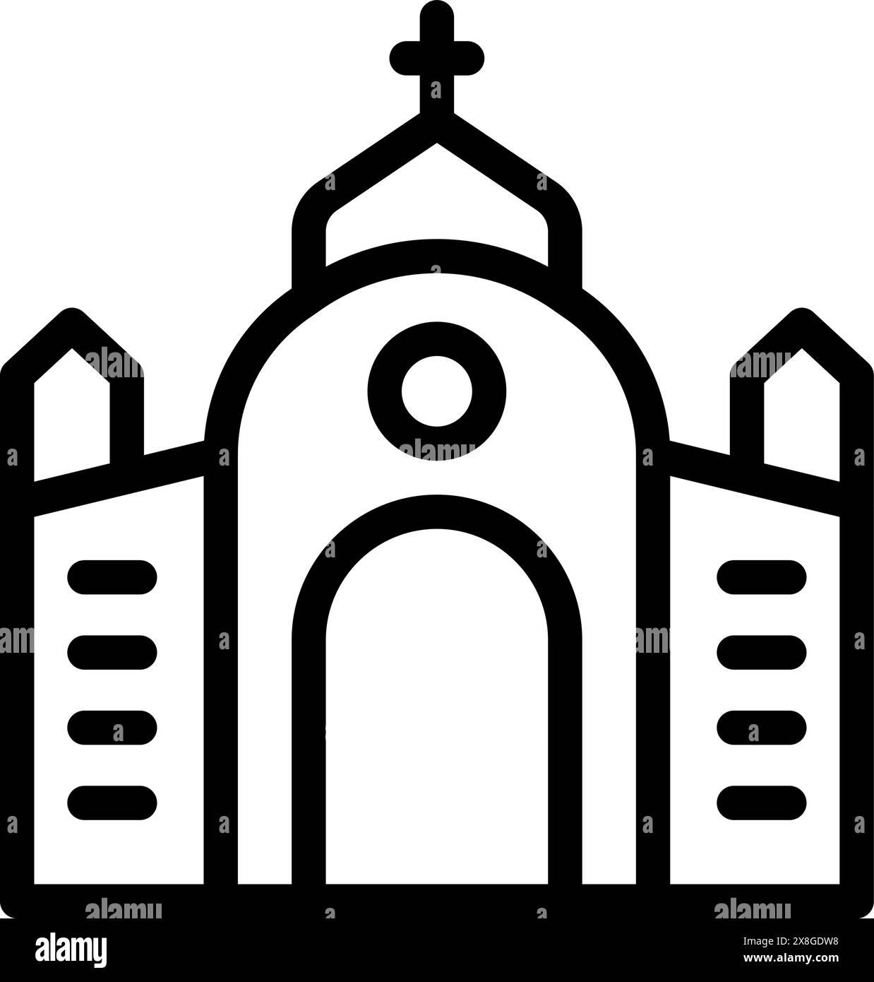 Simple line drawing of a church icon in a black and white digital ...