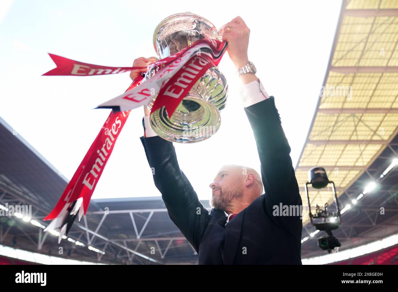 Manchester United manager Erik ten Hag celebrates with the FA Cup ...
