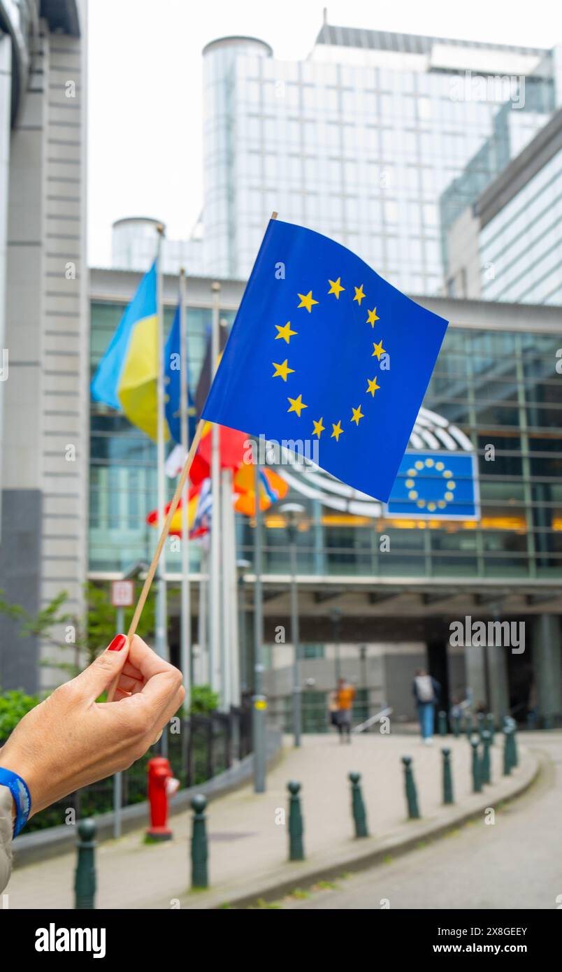 Hand Holding European Union Flag in Front of European Parliament Stock ...