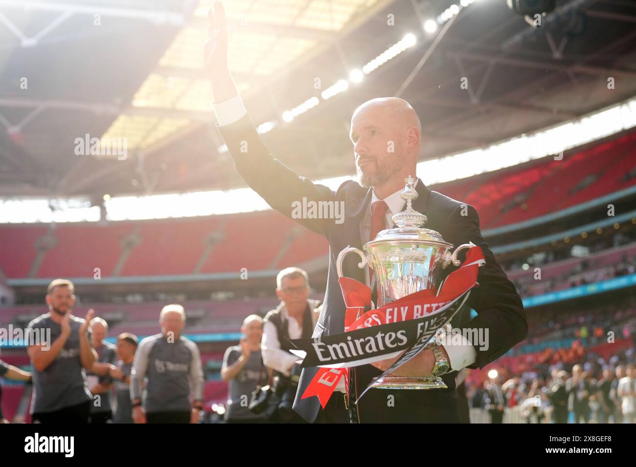 Manchester United manager Erik ten Hag celebrates with the FA Cup ...