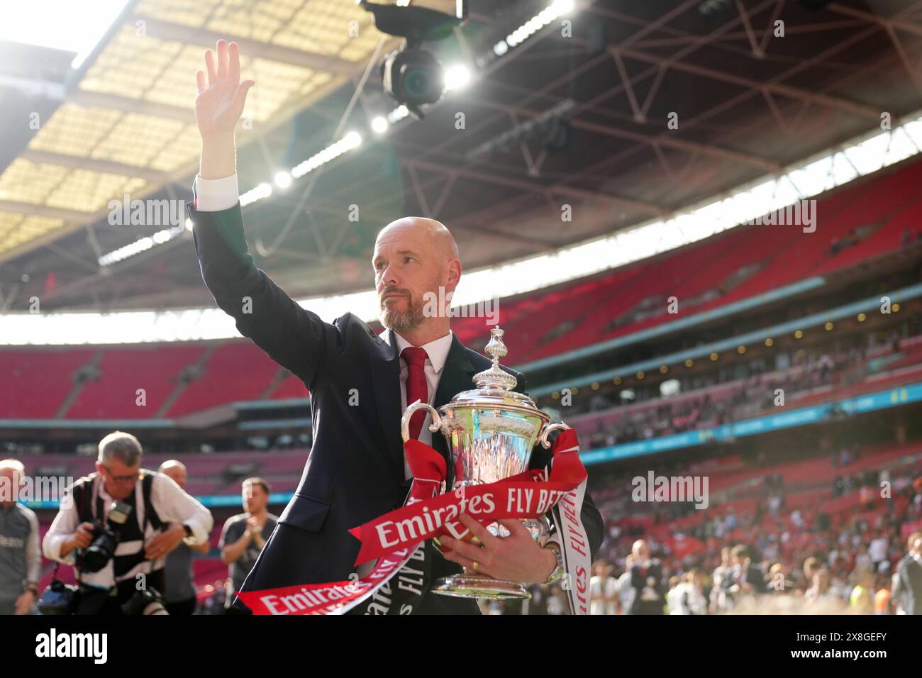 Manchester United manager Erik ten Hag celebrates with the FA Cup ...