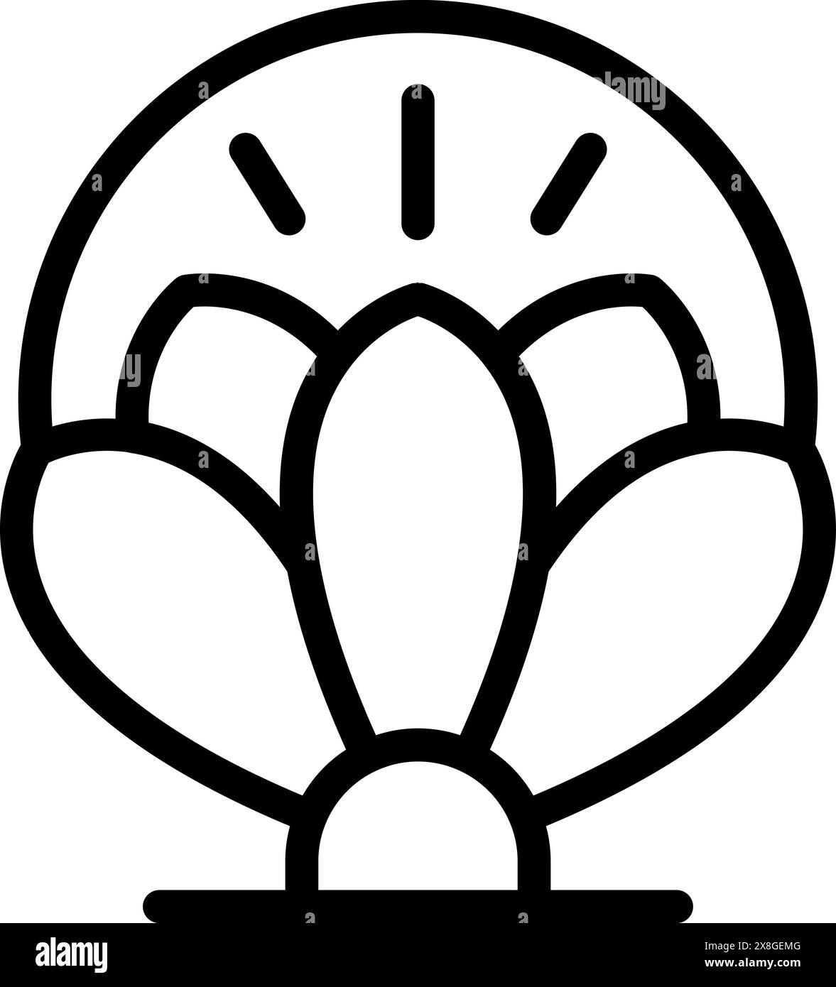Black and white line art of a stylized clam shell with a radiant light ...