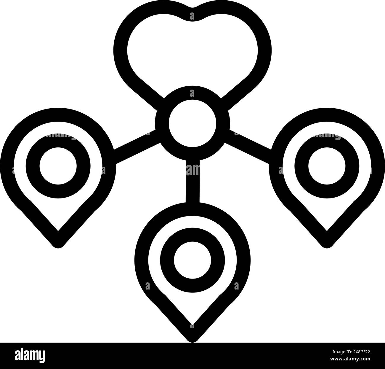 Vector illustration of a heart intertwined with three location pins ...