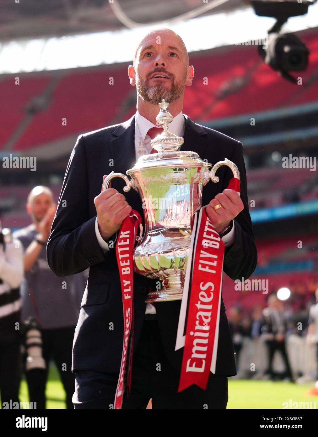 Manchester United manager Erik ten Hag celebrates with the FA Cup ...