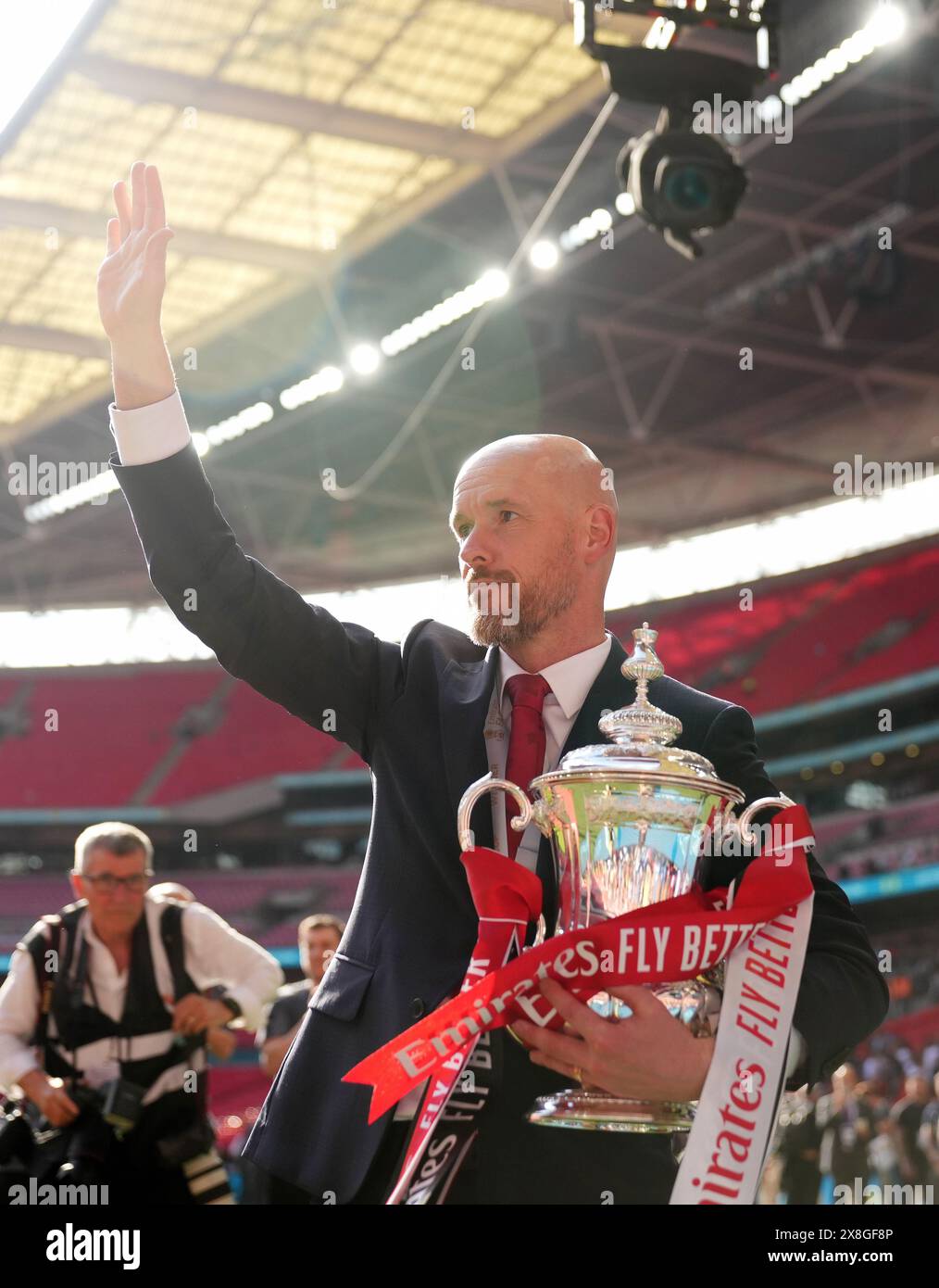 Manchester United manager Erik ten Hag celebrates with the FA Cup ...