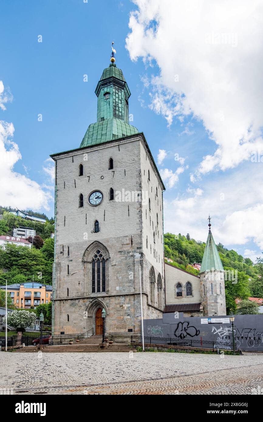 The attractive cathedral building in Bergen centre, Norway Stock Photo ...