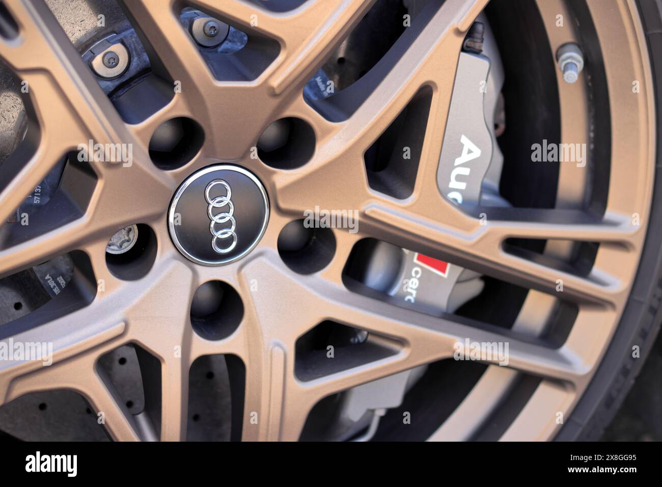 A wheel of Audi with company logo Stock Photo - Alamy
