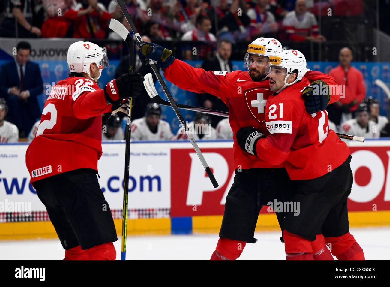 Prague, Czech Republic. 25th May, 2024. L-R Nino Niederreiter, Roman Josi and Kevin Fiala (all ...