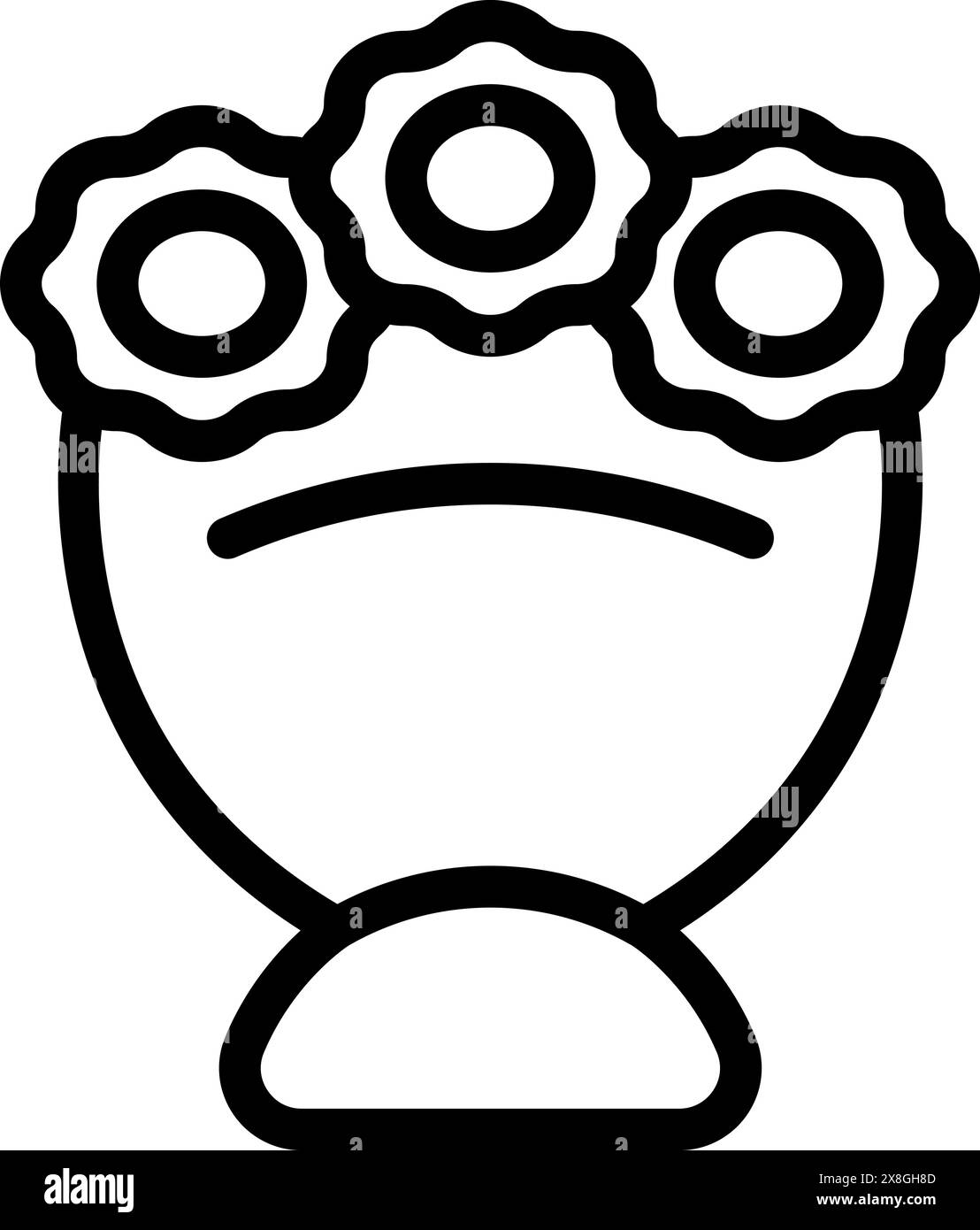 Black and white line art of a sad cartoon flower pot with three flowers ...