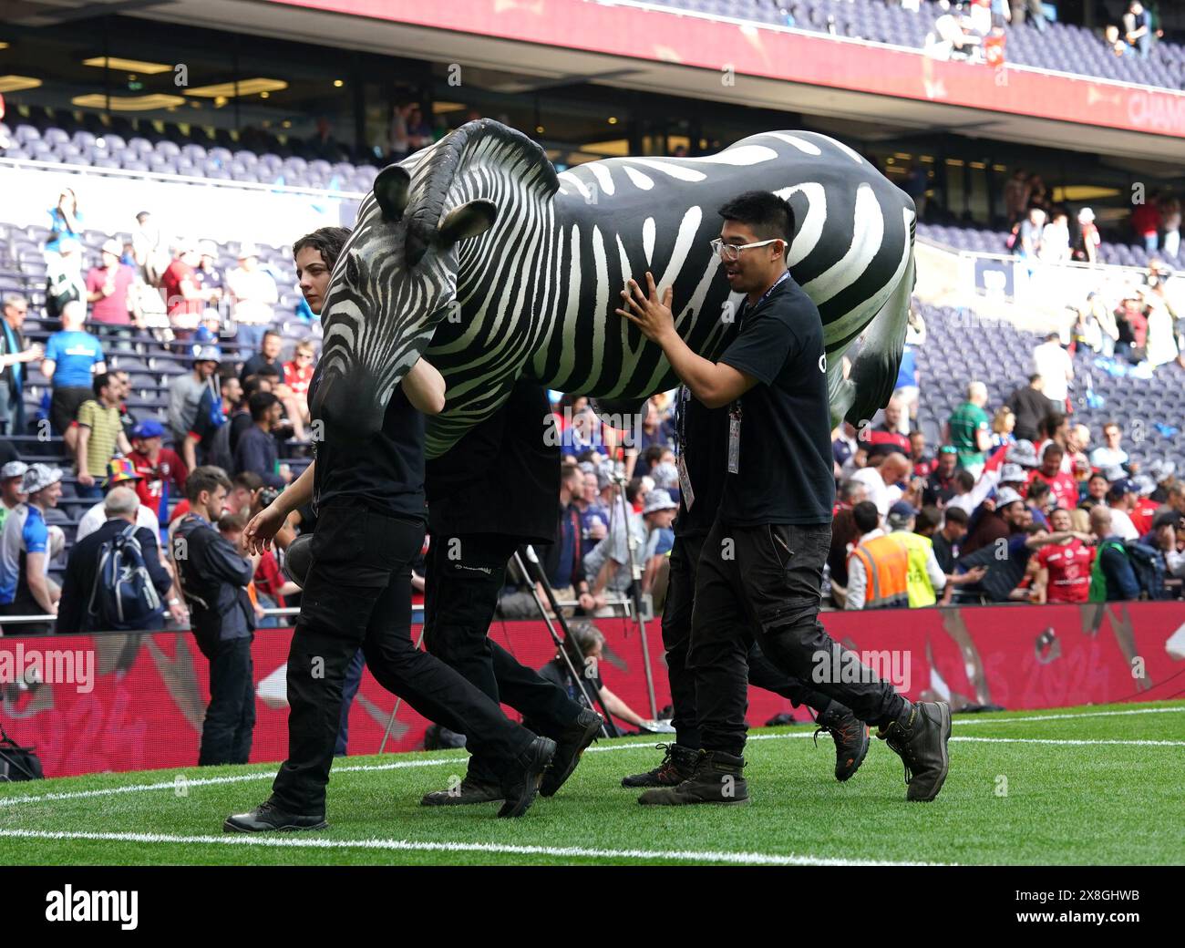 Stewards carry a zebra from the pitch following the Investec Champions ...