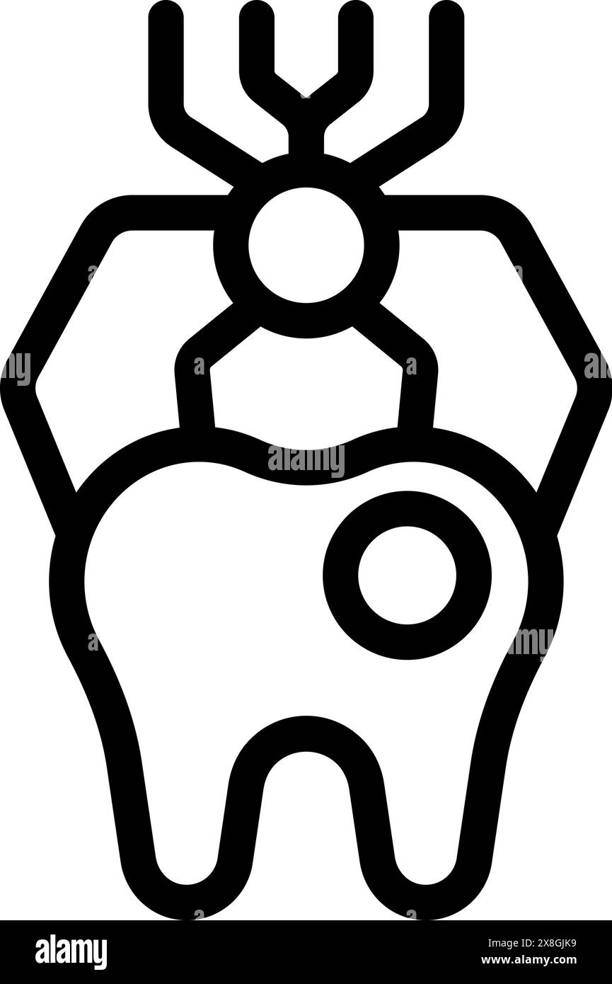 Black line icon of a tooth with caries and bacteria symbol ...